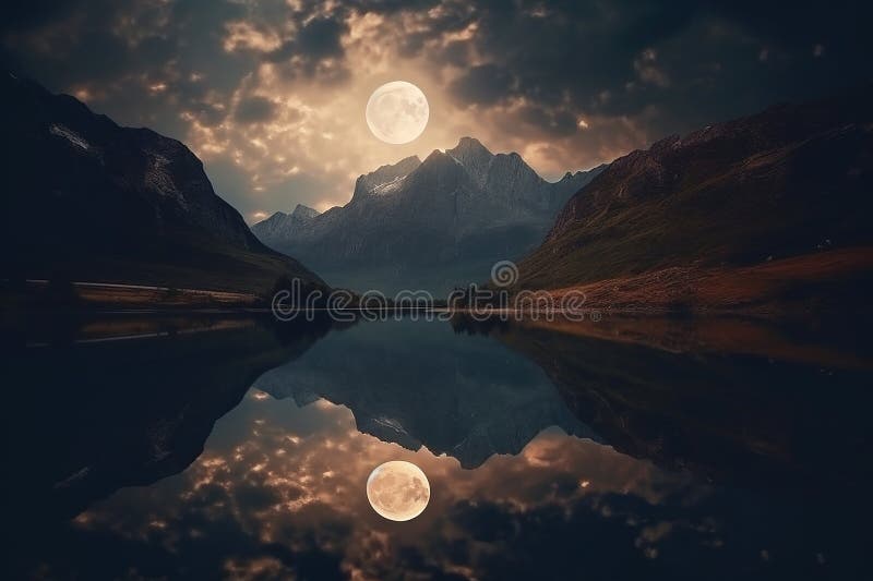 Peak Hill Mountain with Lake at Night Under the Full Moonlight with ...