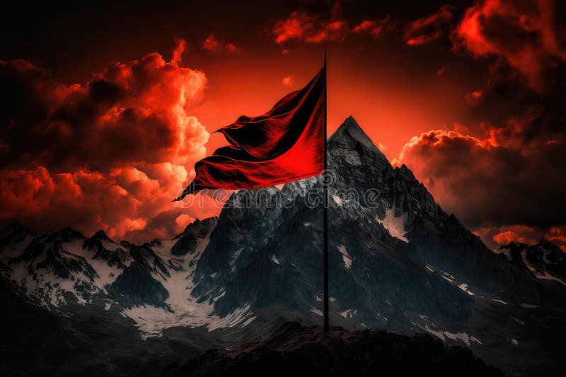 Peak with Red Flag and Dramatic Sky during Sunset or Sunrise Stock ...