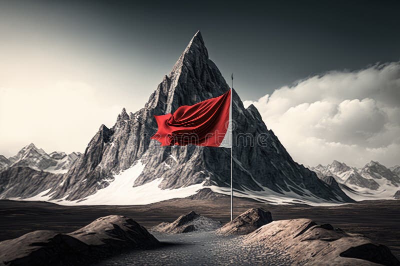 Peak with Red Flag and Mountain Range in the Background Stock Photo ...