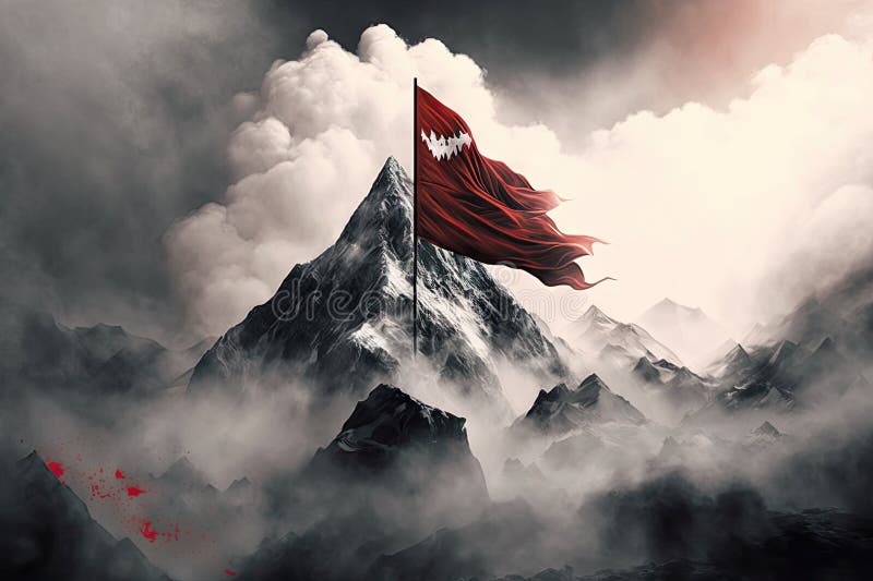 Peak with Red Flag, Surrounded by Clouds and Mist Stock Illustration ...