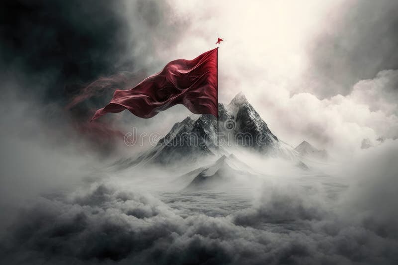 A Peak with a Red Flag, Surrounded by Clouds and Mist Stock Image ...