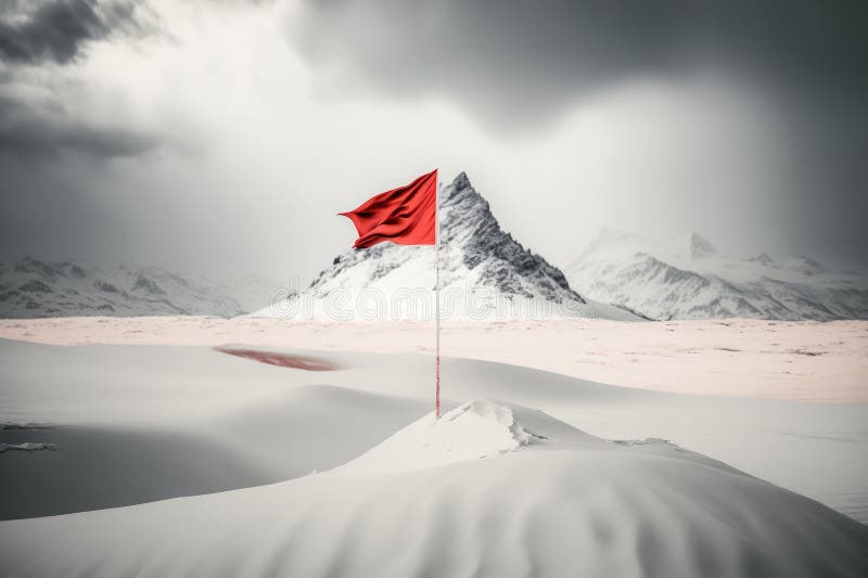 Peak with Red Flag, Surrounded by Pristine White Snow Stock ...