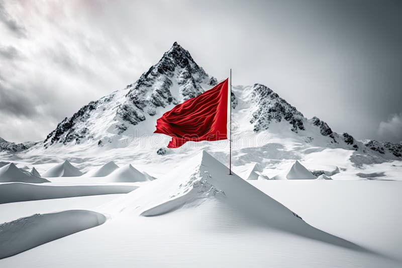 Peak with Red Flag, Surrounded by Pristine White Snow Stock ...