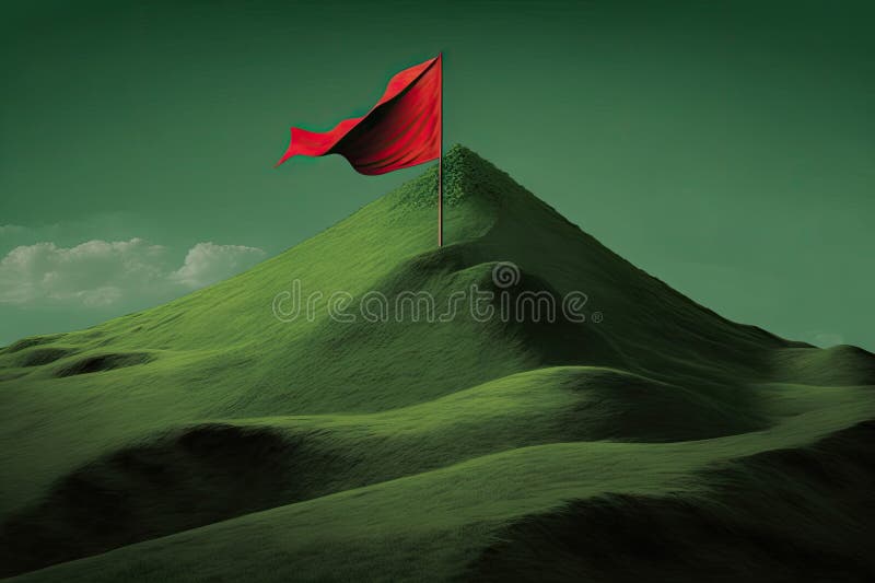 Peak with Red Flag, Surrounded by Rolling Green Hills Stock ...