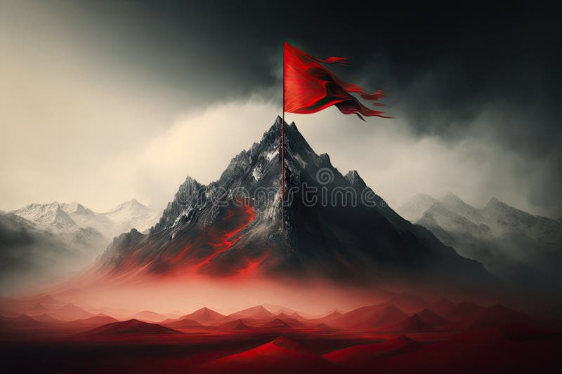 Peak with Red Flag and View of Misty Mountain Range Stock Illustration ...