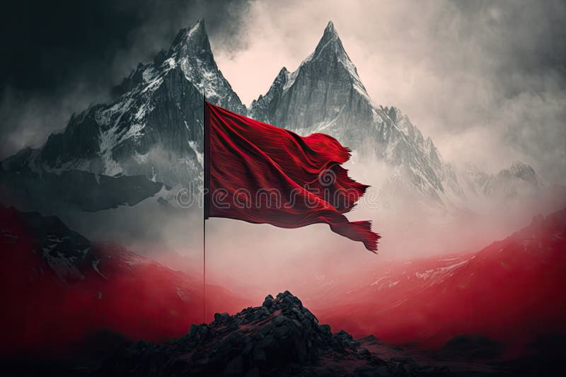 Peak with Red Flag and View of Misty Mountain Range Stock Illustration ...
