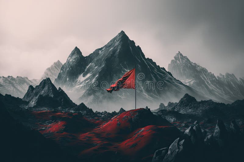 Peak with Red Flag and View of Misty Mountain Range Stock Illustration ...