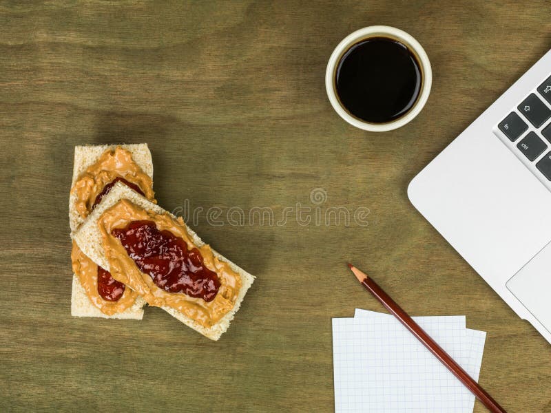 Peanut Butter and Jam or Jelly with a Cup of Black Coffee Stock Photo ...