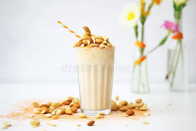 Peanut Butter Shake with Nuts and Drizzle on a White Table Stock Image ...