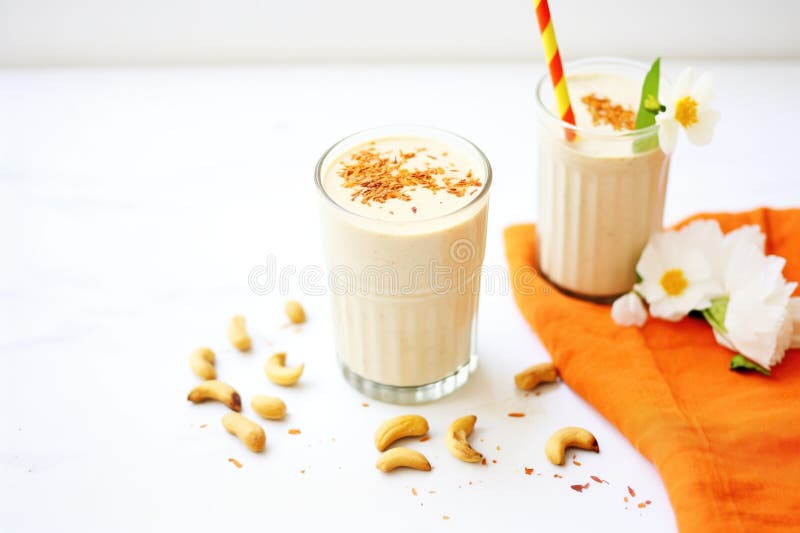 Peanut Butter Shake with Nuts and Drizzle on a White Table Stock Image ...