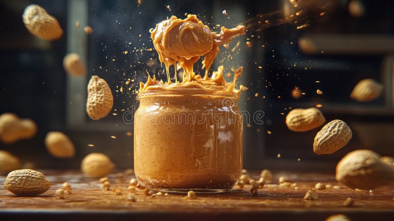 Peanut Butter Splashing into a Jar Surrounded by Peanuts Stock ...