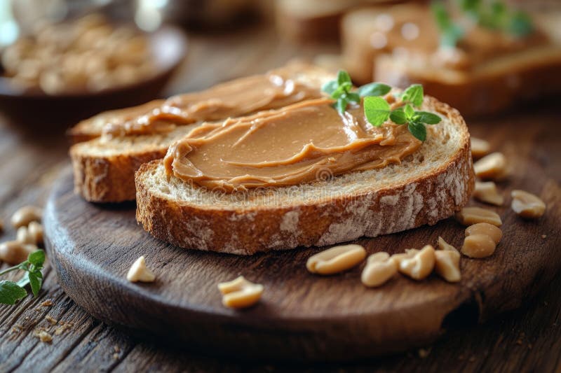 Peanut Butter Spread on Toasted Whole Wheat Bread with Peanuts Stock ...