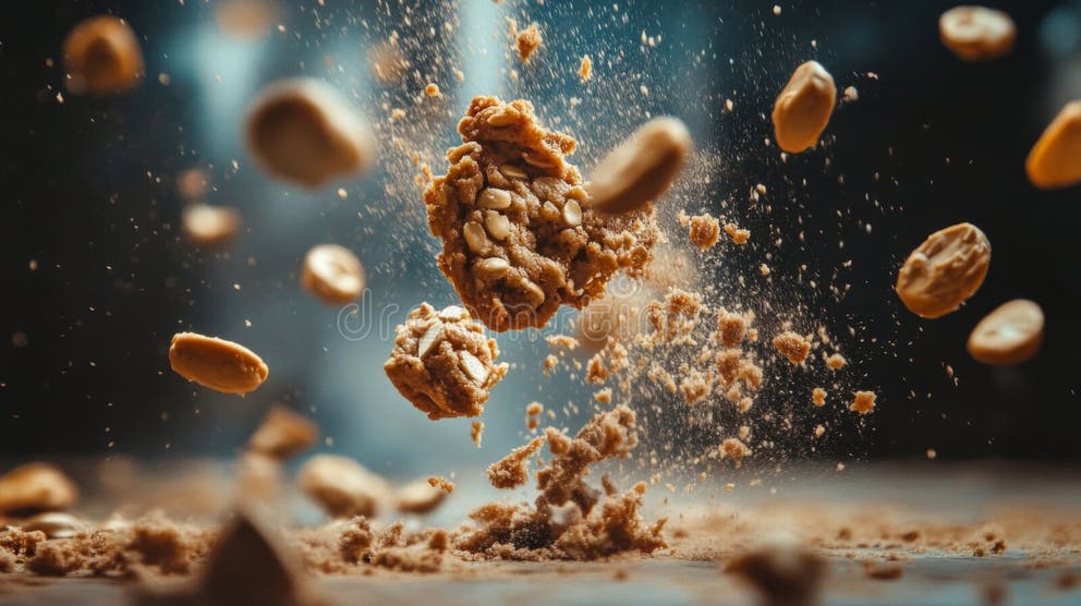 Peanut Cookie Crumble Explosion, Brown Tones and Dark Background Stock ...