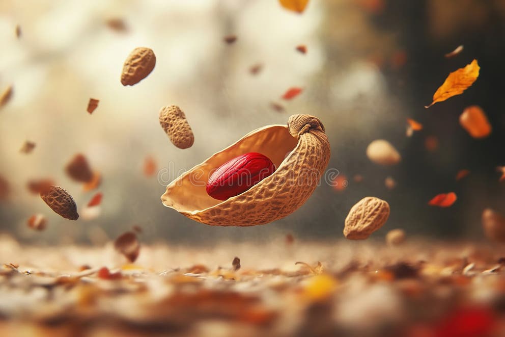 Peanut Shell with a Red Nut Inside. There are Other Nuts and Leaves in ...