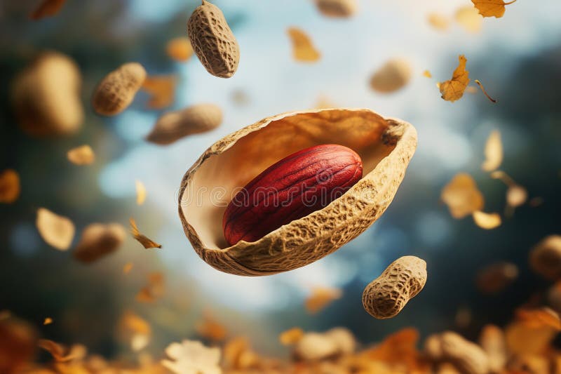 Peanut Shell with a Red Nut Inside. There are Other Nuts and Leaves in ...