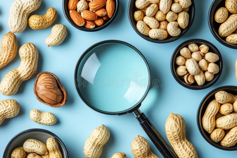 Peanuts, Almonds and Hazelnuts. a Magnifying Glass. the Concept of ...