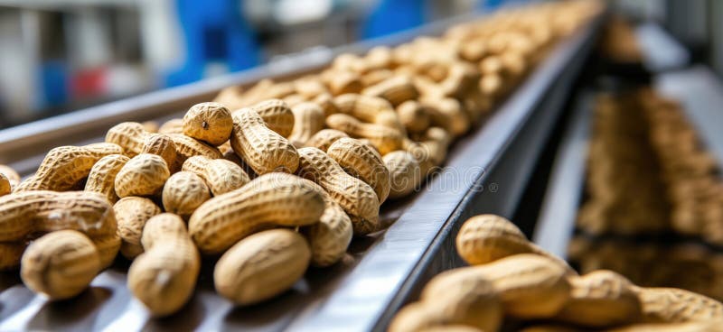 Peanuts on Conveyor Belt in Processing Facility, Showcasing Raw Peanuts ...