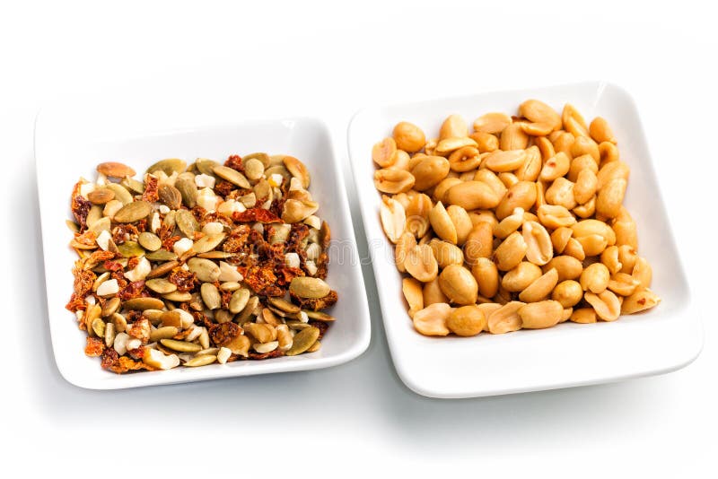 Peanuts Mixed Dried Shelled Fruit and Dried Tomatoes in White Container ...