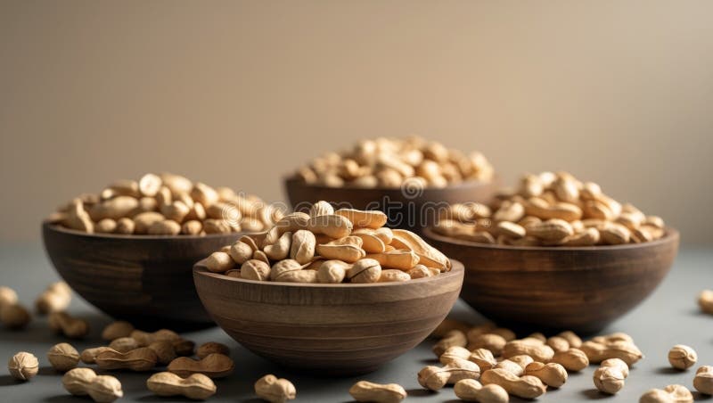 Peanuts in Shells Filling Three Wooden Bowls Stock Photo - Image of ...