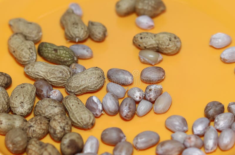 Peanuts in Shells on Yellow Background. Raw Peanuts Top View Isolated ...