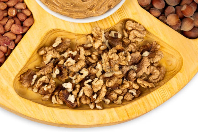 Peanuts, Walnuts and Hazelnuts in a Wooden Box with Compartments. Three ...