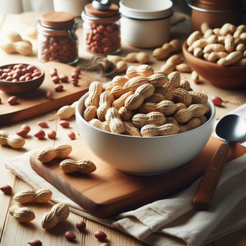 Peanuts in a White Bowl are Placed on a Wooden Table in the Kitchen 3 ...
