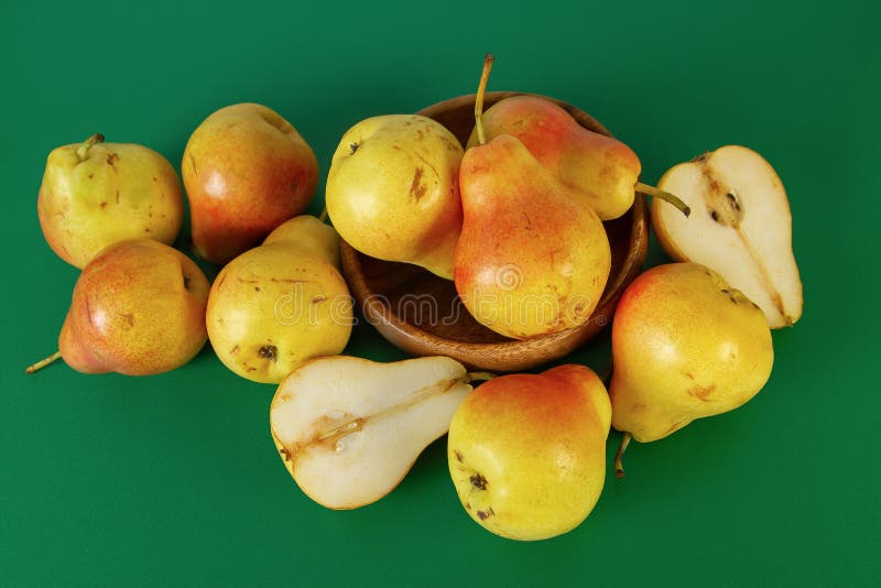 Pear Bright Red Yellow Pears on Green Background Stock Image - Image of ...