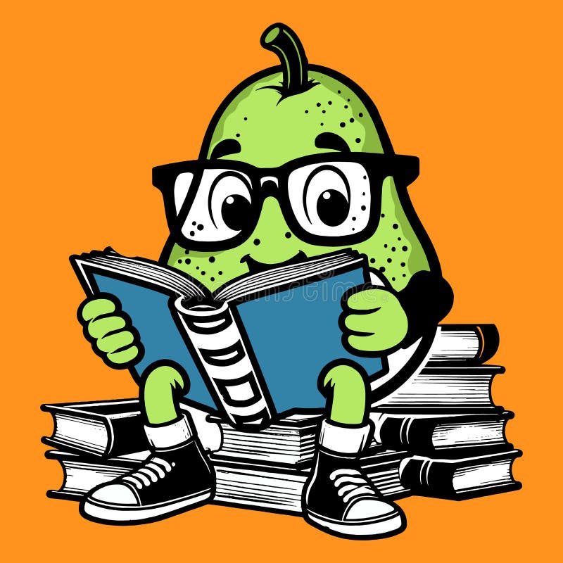 Pear Character Reading a Book on a Stack of Books Stock Illustration ...
