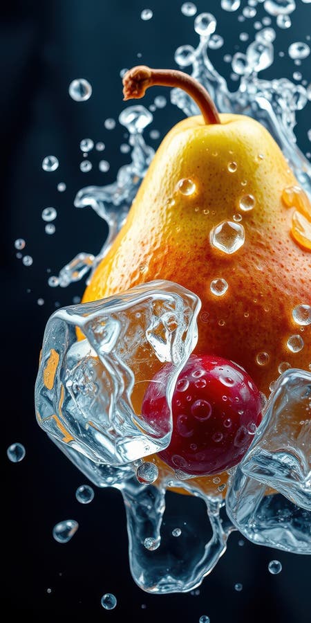 Pear and Cherry Splashing through Ice Cubes with Droplets on a Dark ...