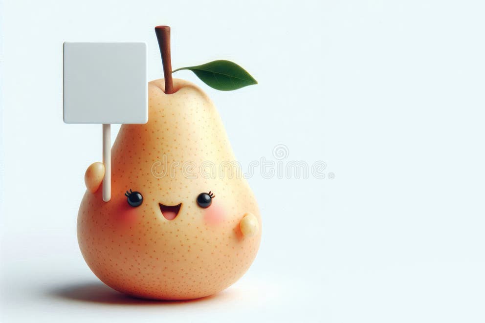 A Pear with a Cute Face Holds an Empty Tablet. Space for Text. Stock ...