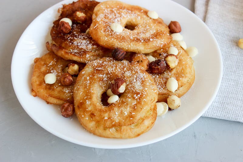Fried pear donuts stock photo. Image of dough, hazelnut - 125736948