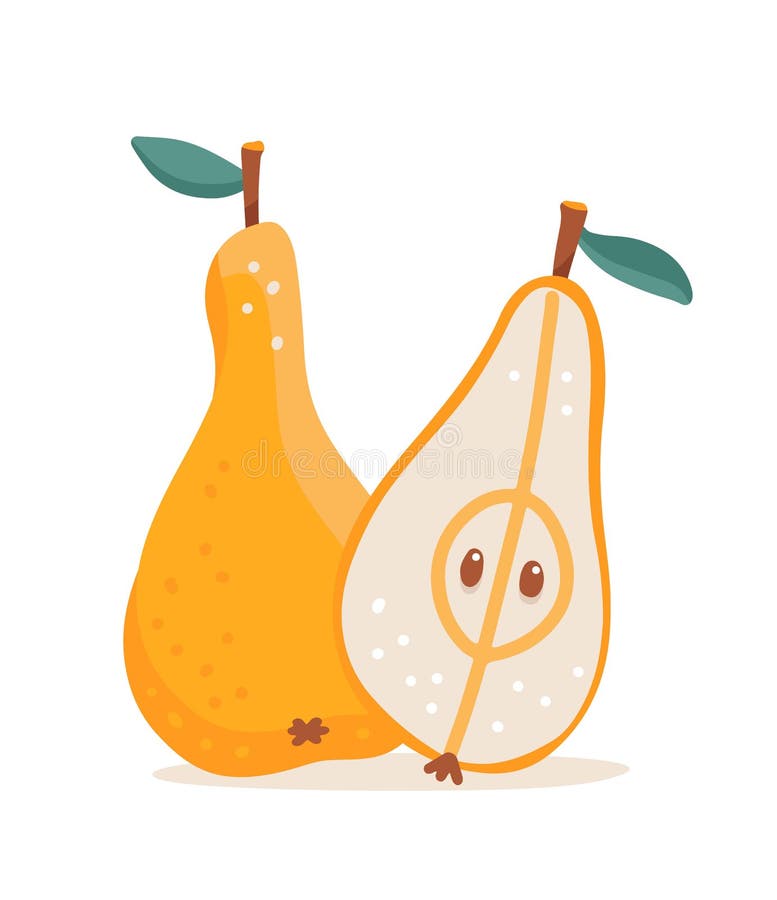 Pear Fresh Yellow Fruit - Full and Half. Flat Cartoon Hand Drawn Vector ...