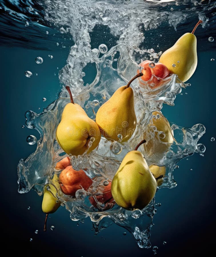 Pear Fruits Falling into the Water, Splashing Stock Photo - Image of ...