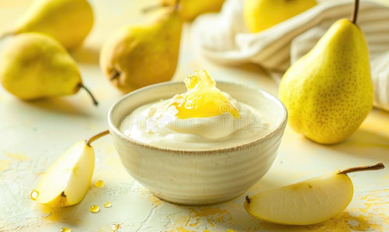 Pear and Honey Yogurt on a Light Yellow Surface Stock Photo - Image of ...