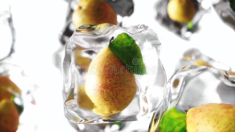 Pear in Ice Cubes. Food and Broadcast Concept. Realistic Ice Materials ...