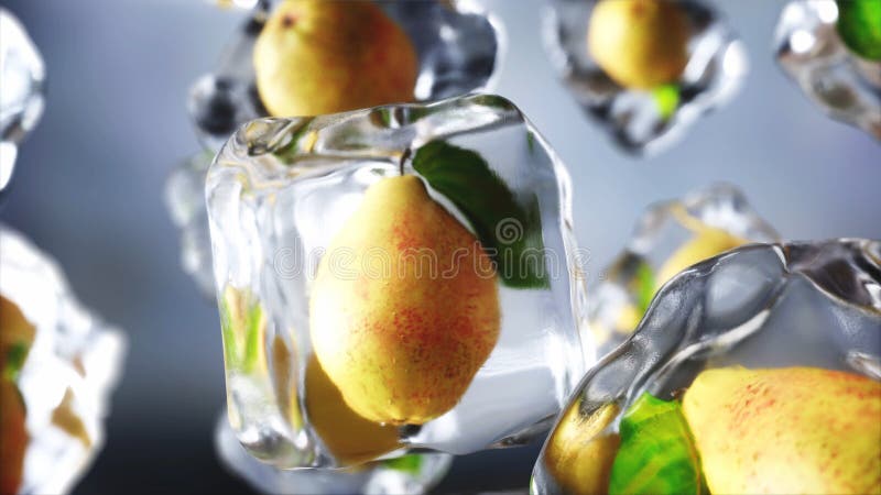 Pear in Ice Cubes. Food and Broadcast Concept. Realistic Ice Materials ...
