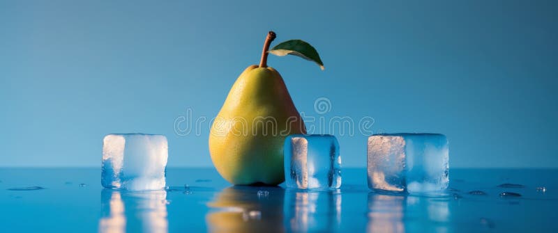 Pear and Ice Cubes. a Refreshing Still Life Composition on a Blue ...