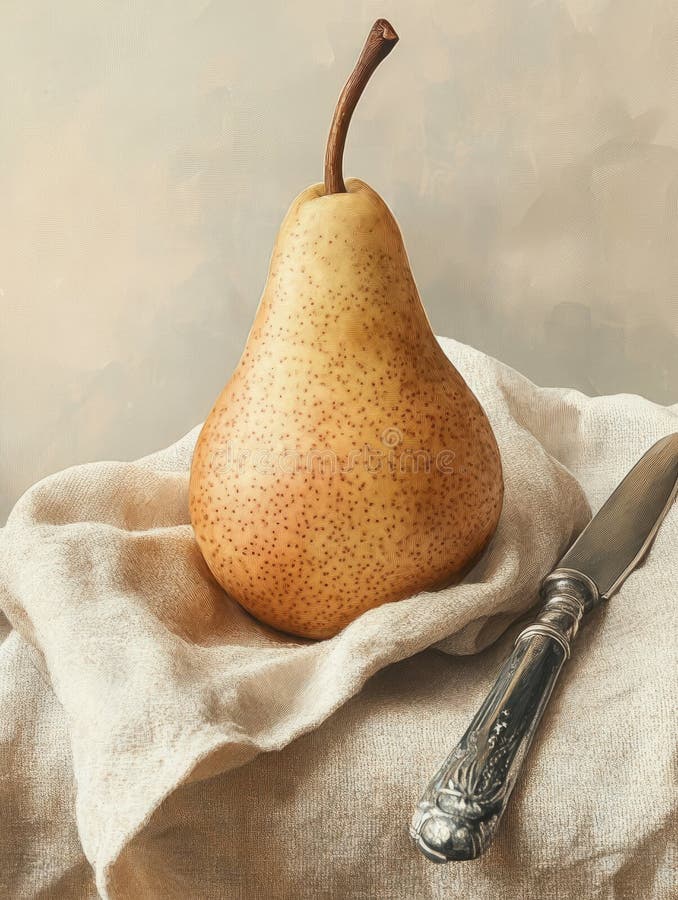Pear with Knife on Cloth in a Watercolor Still Life. Stock Photo ...