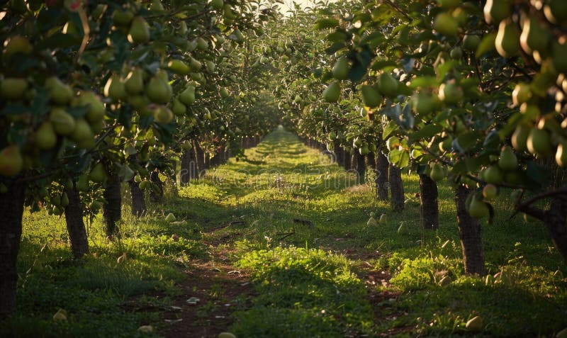 Pear Orchard with a Path through the Trees Stock Photo - Image of ...
