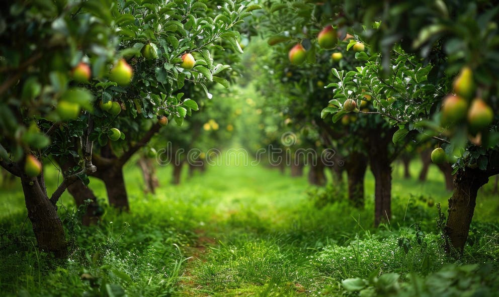 Pear Orchard with a Path through the Trees Stock Image - Image of ...