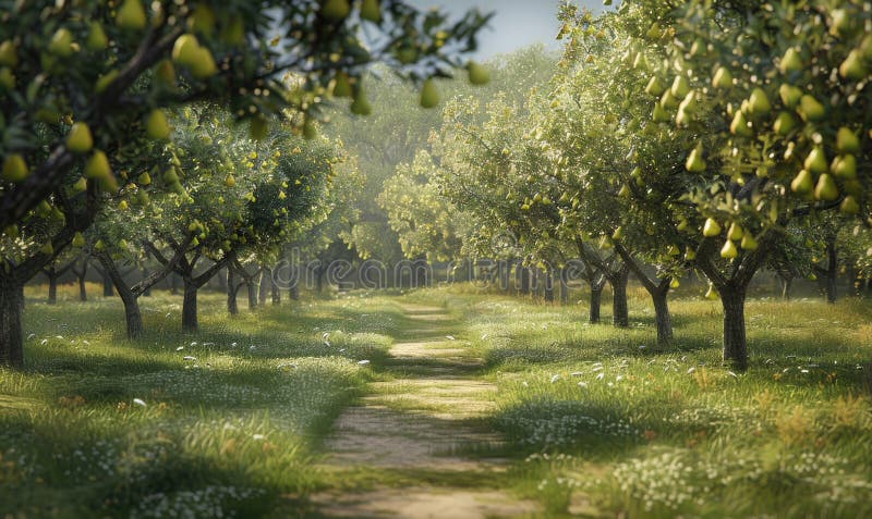 Pear Orchard with a Path through the Trees Stock Image - Image of ...