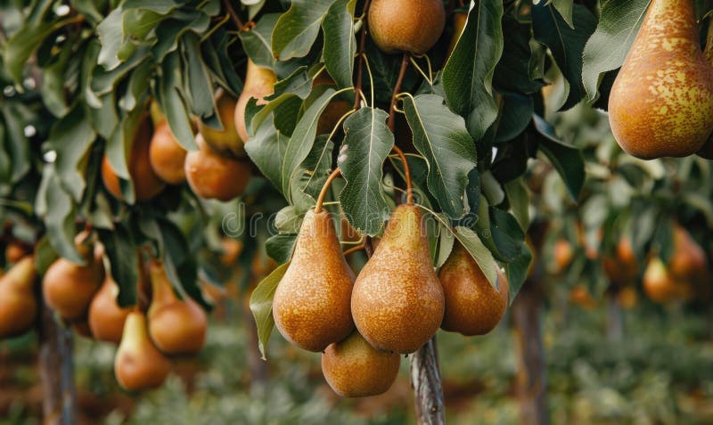 Pear Orchard with Ripe Pears Hanging from Trees Stock Image - Image of ...