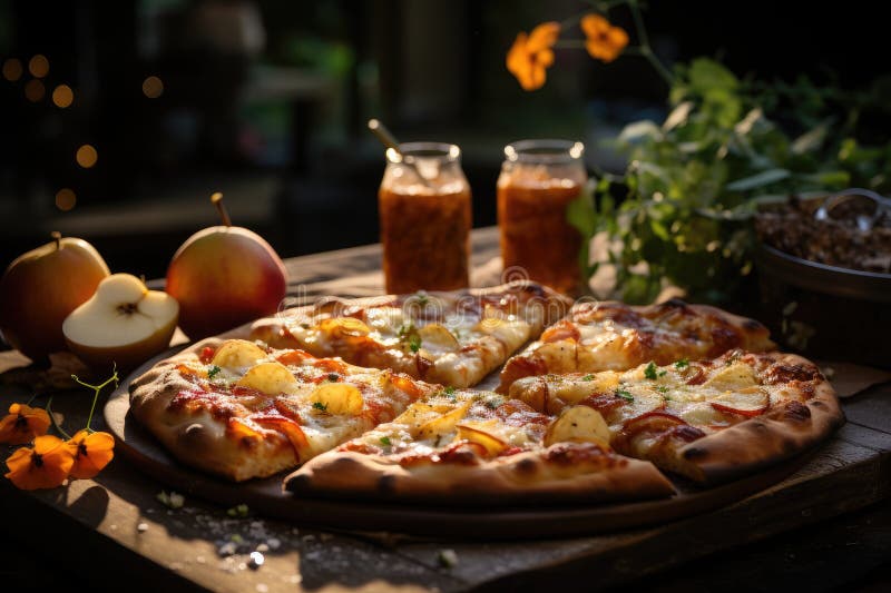 A Pear Pizza in a Fall Picnic with Colored Leaves., Generative IA Stock ...