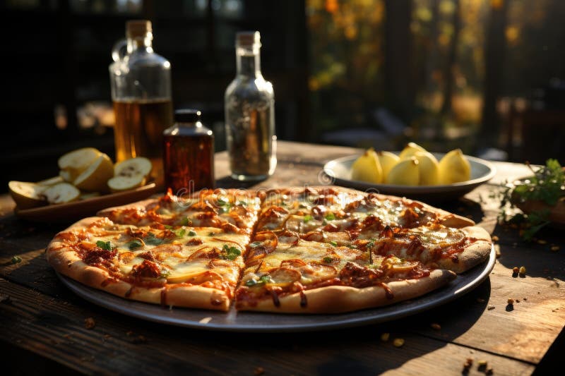 A Pear Pizza in a Fall Picnic with Colored Leaves., Generative IA Stock ...