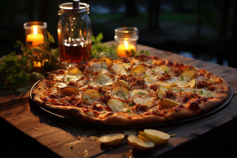 A Pear Pizza in a Picnic on the Edge of a Quiet Lake at Night ...