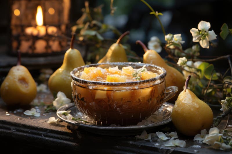 Pear Pudding in a Secret Garden with Stone Paths and Flowery Stock ...