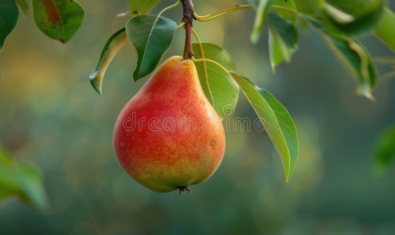 Pear with a Red Blush, Hanging from a Branch with Green Leaves Stock ...