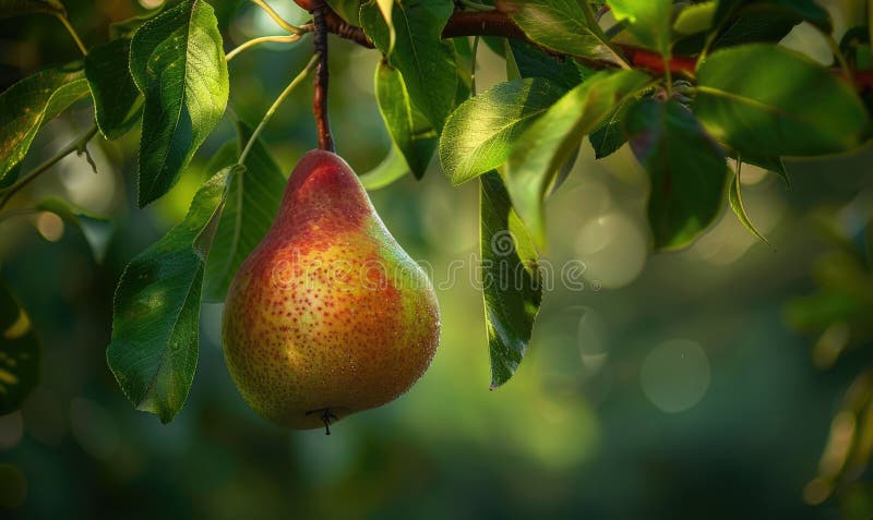 Pear with a Red Blush, Hanging from a Branch with Green Leaves Stock ...