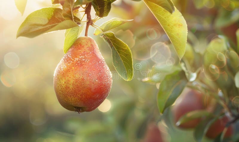Pear with a Red Blush, Hanging from a Branch with Green Leaves Stock ...