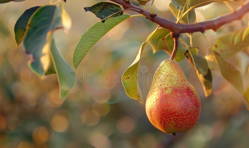 Pear with a Red Blush, Hanging from a Branch with Green Leaves Stock ...